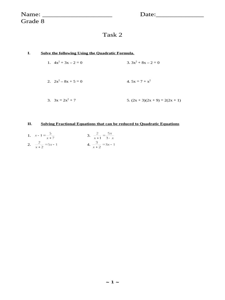 Grade 8 Quadratic Equations Worksheet | PDF