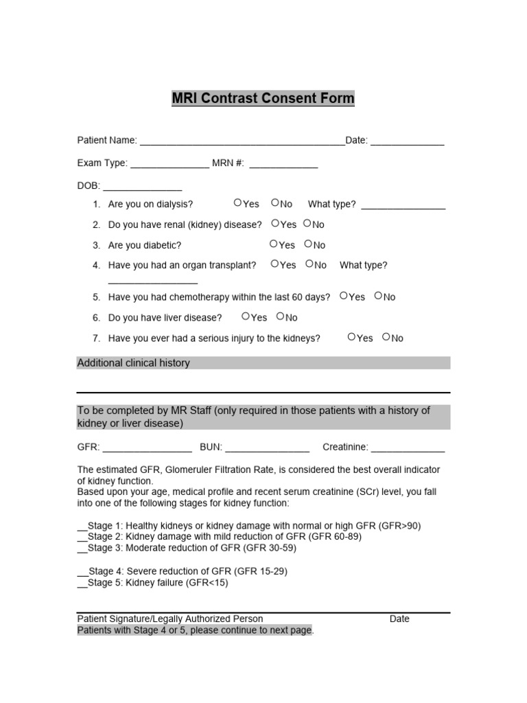 MRI Contrast Consent Form Template | PDF | Kidney | Organ (Anatomy)
