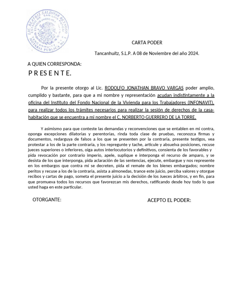 Carta Poder para Trámites INFONAVIT | PDF