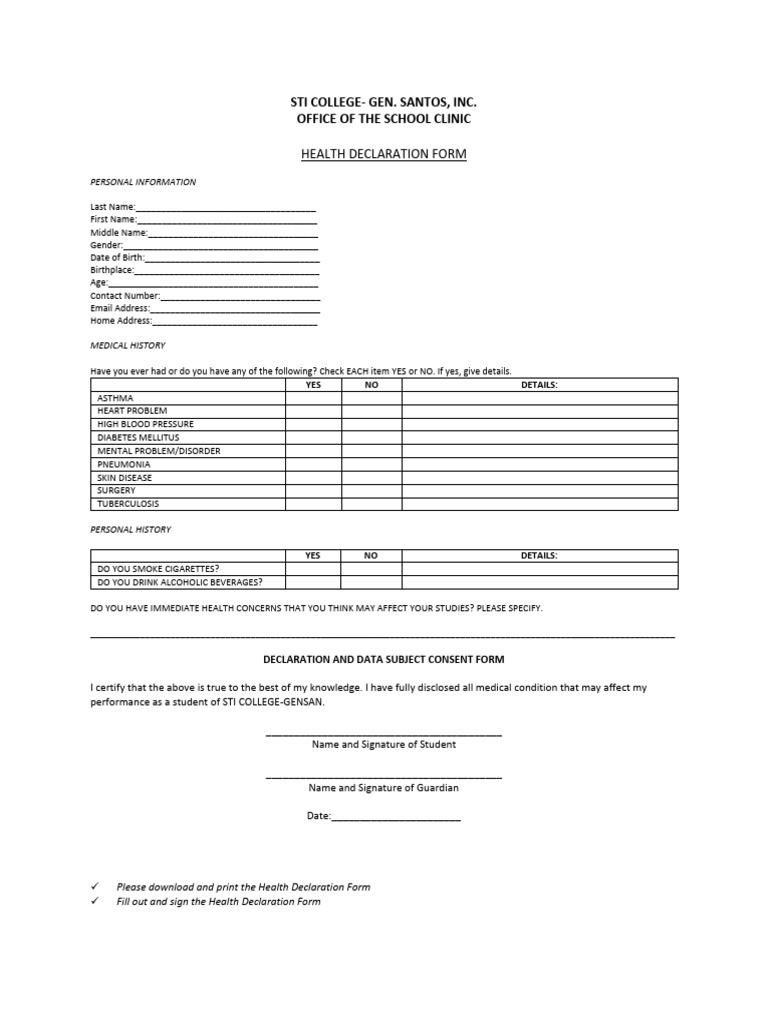 Health Declaration Form | PDF | Health Sciences | Medical Specialties