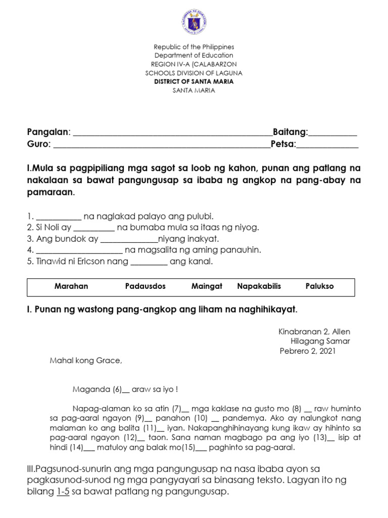 Ikatlong Panahunang Pagsusulit Sa Filipino 5 | PDF