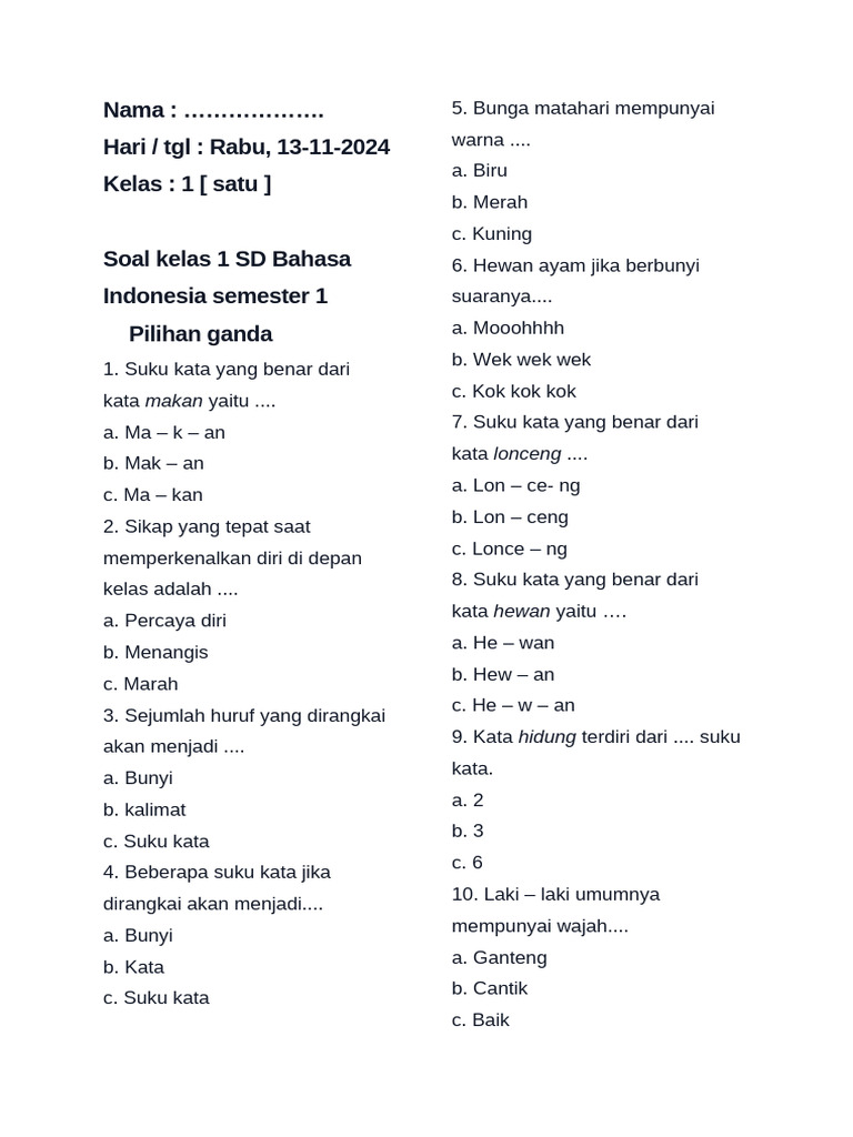 Bindo Kelas 1 | PDF