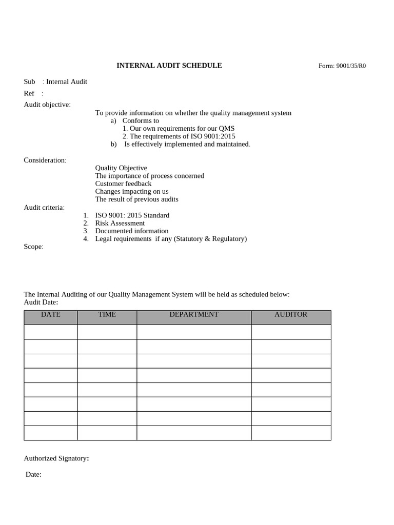 ISO 9001:2015 Internal Audit Schedule | PDF