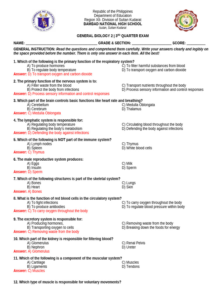 General Biology 2: 3rd Quarter Exam | PDF | Human Body | Muscle
