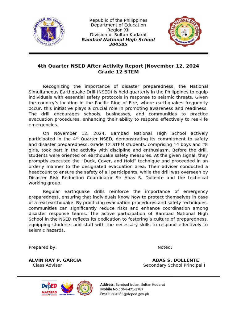 4th Quarter NSED Report - Bambad High School | PDF | Emergency ...