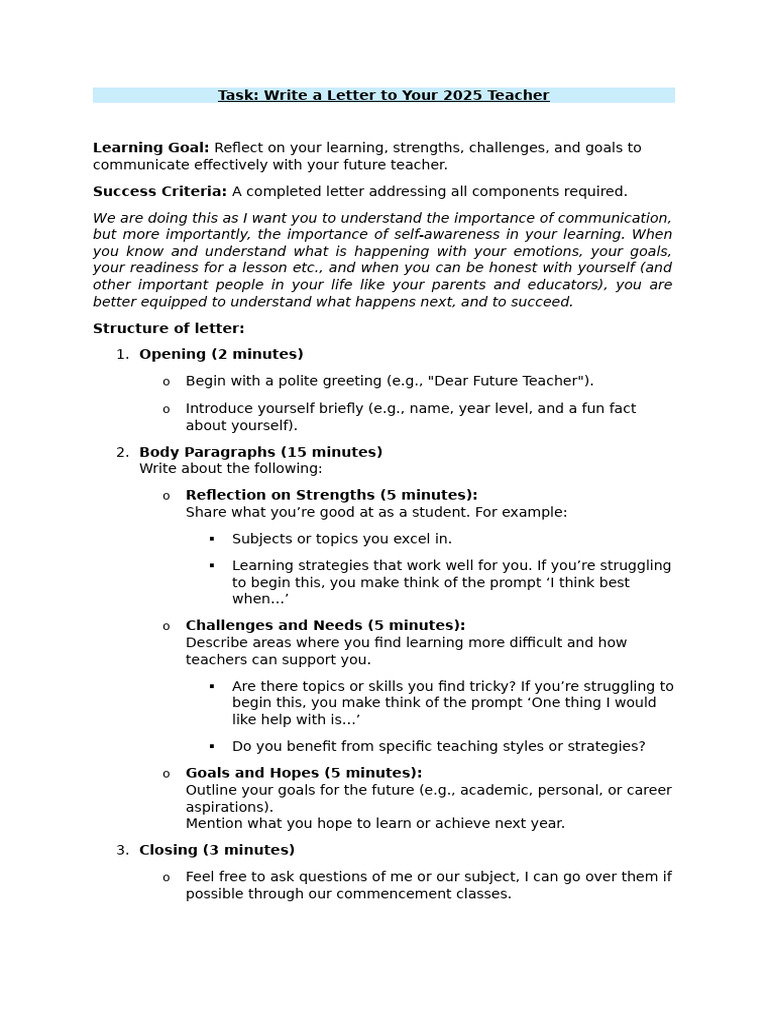Letter to Future Teacher: Self-Reflection | PDF | Learning | Human ...
