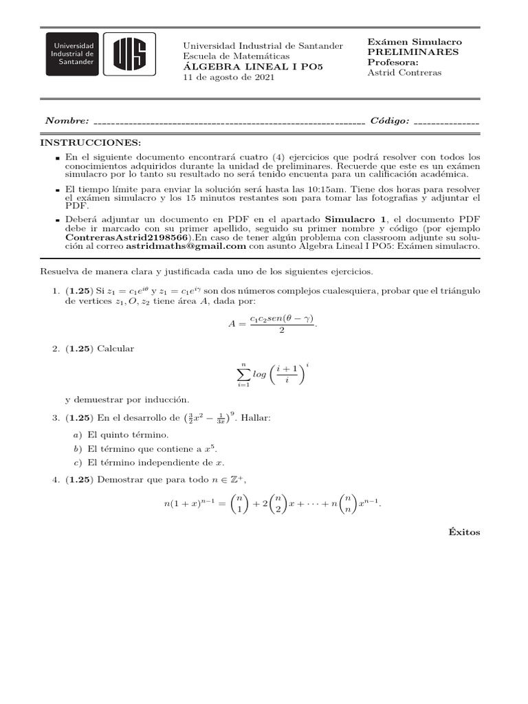 Exámen Simulacro PO5 | PDF | Objetos matemáticos | Álgebra