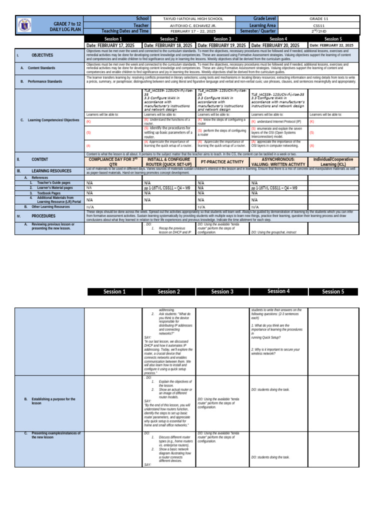 Grade 11 Daily Log Plan: Router Setup | PDF | Router (Computing ...