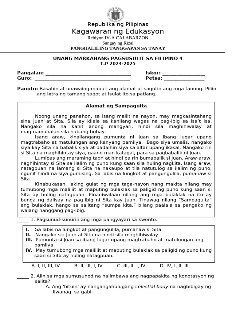 FILIPINO-4-UNANG-MARKAHANG-PAGSUSULIT-24-25 | PDF