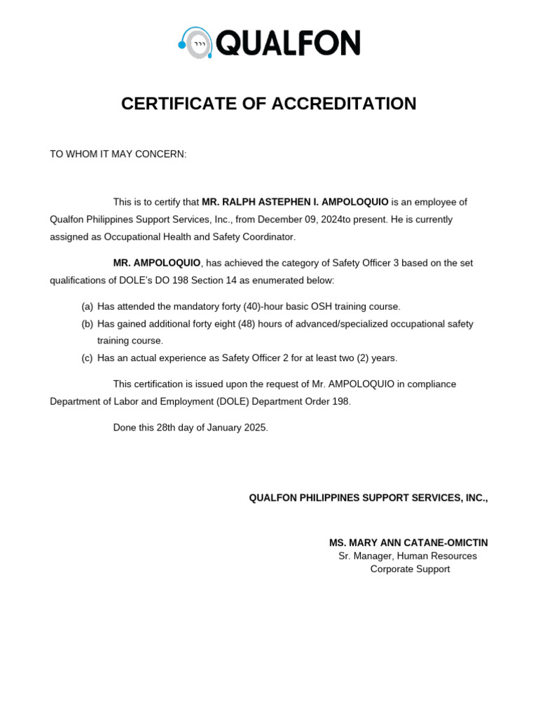 Accreditation Certificate for Safety Officer | PDF