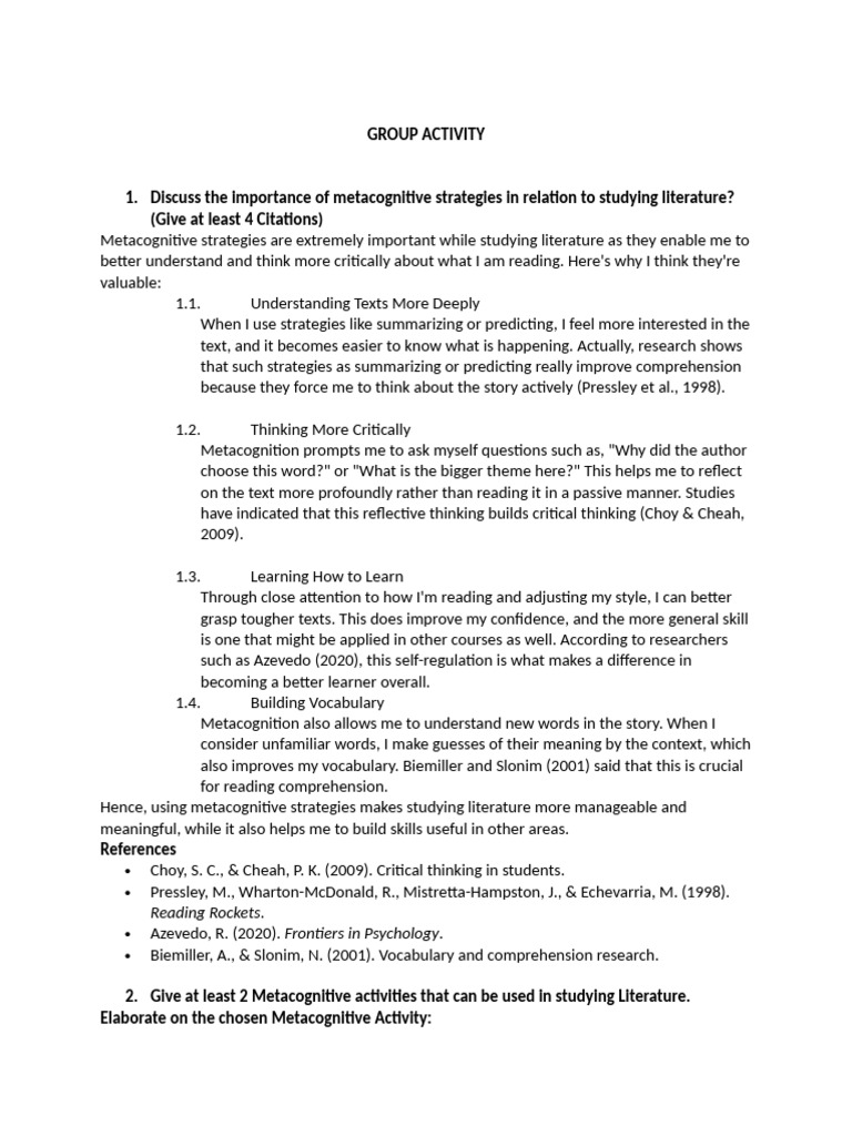 LIT GROUP 1 ACTIVITY | PDF | Reading Comprehension | Metacognition