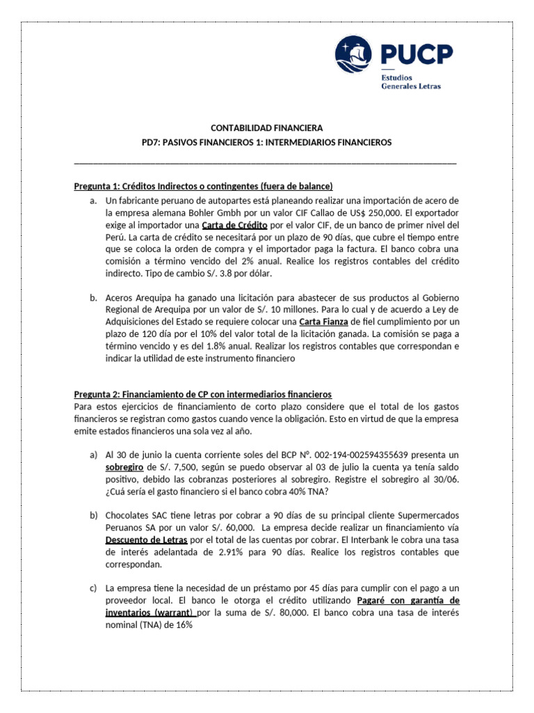 PD7 Pasivos Financieros 1 | PDF | Bancos | Contabilidad