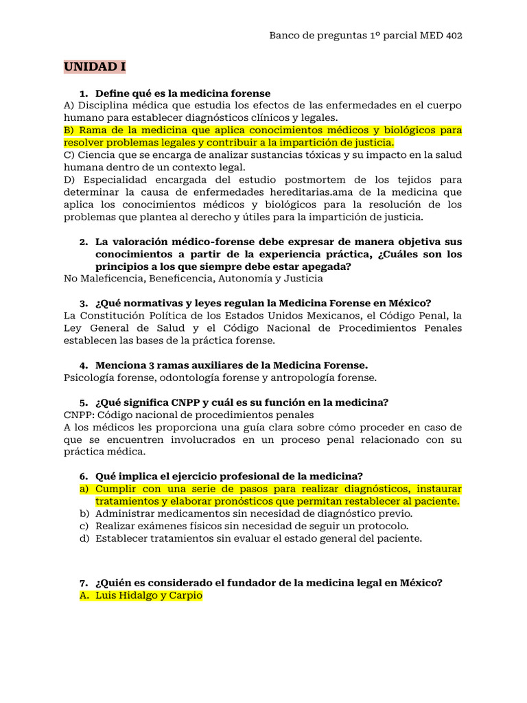 Preguntas 1er Parcial - Medicina Legal | PDF | Jurisprudencia médica | Medicina