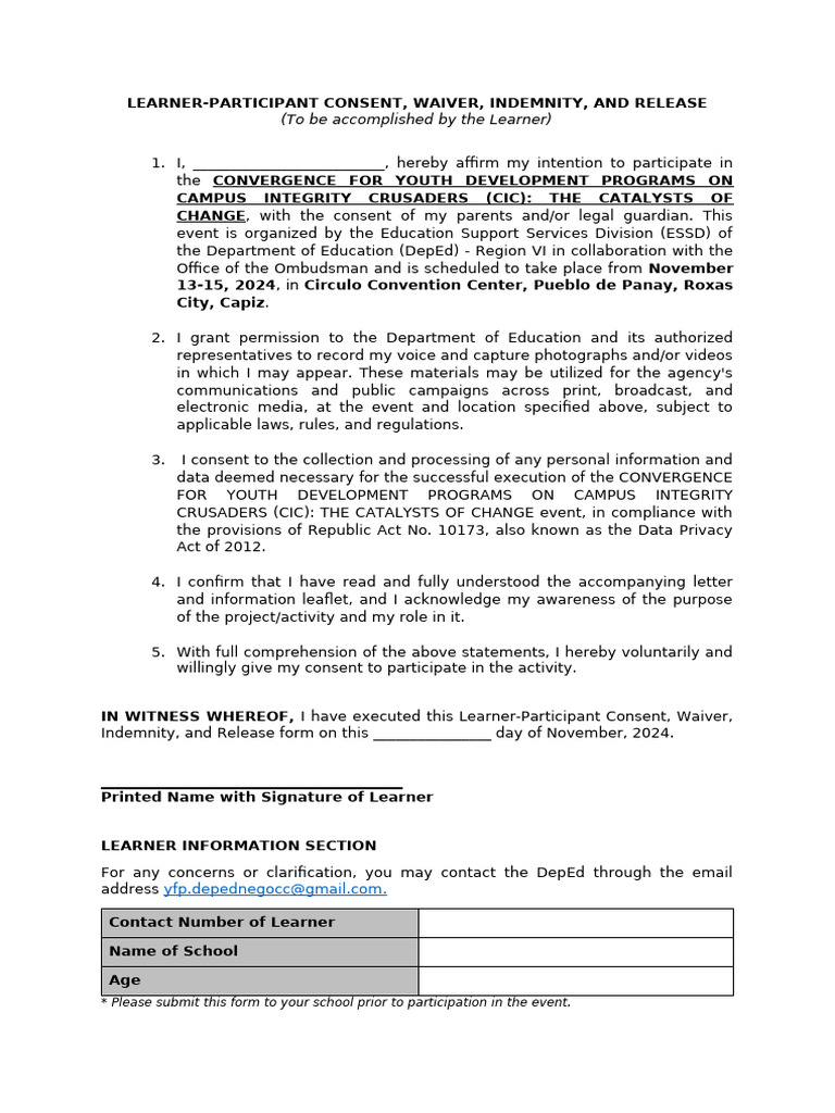 Learner-Participant-Consent-Waiver-Indemnity-and-Release-Form | PDF | Consent | Justice