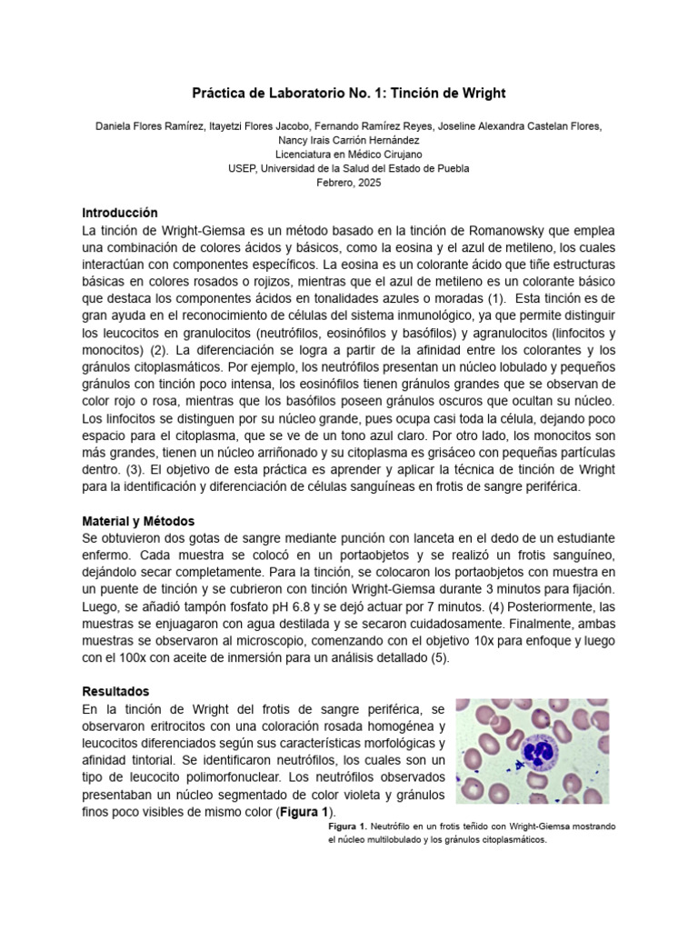 Práctica de Laboratorio No. 1 - Tinción de Wright | PDF | Leucocito | Tinción