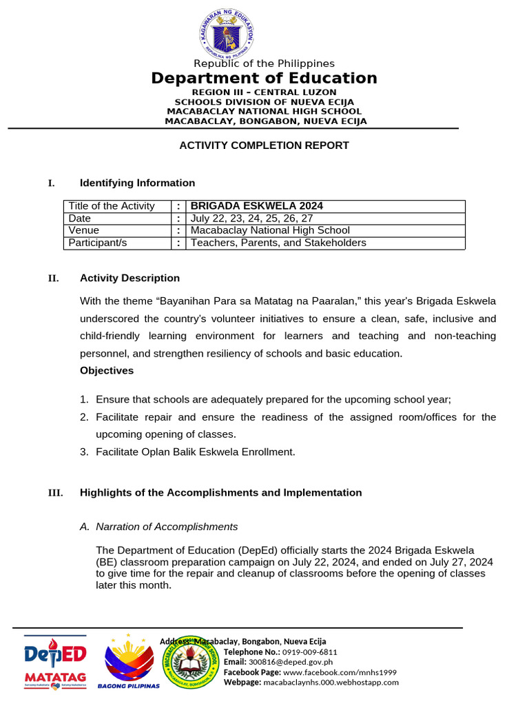 ACR Brigada Eskwela 2024 Karen | PDF | Human Communication | Education ...