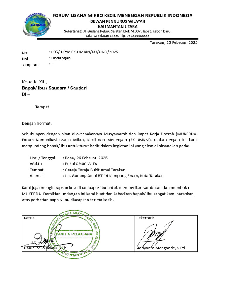 Kepada Yth, Bpk: Ibu: Saudara: Saudari PErihal Undangan Mukerda FK UMKM | PDF