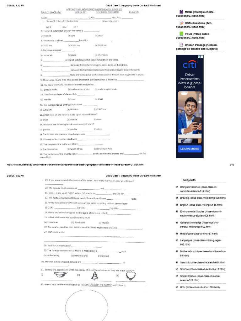 CBSE Class 7 Geography Inside Our Earth Worksheet | PDF | Rock (Geology ...