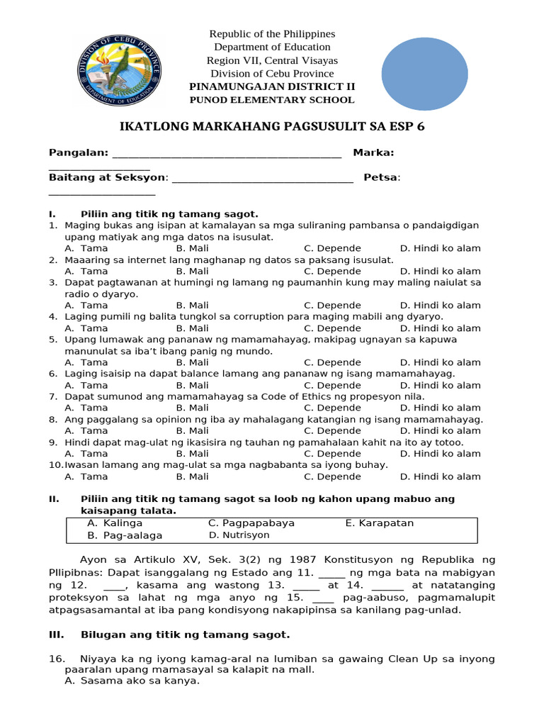 PT Esp 6 Q3 (With Tos and Answer Key) | PDF