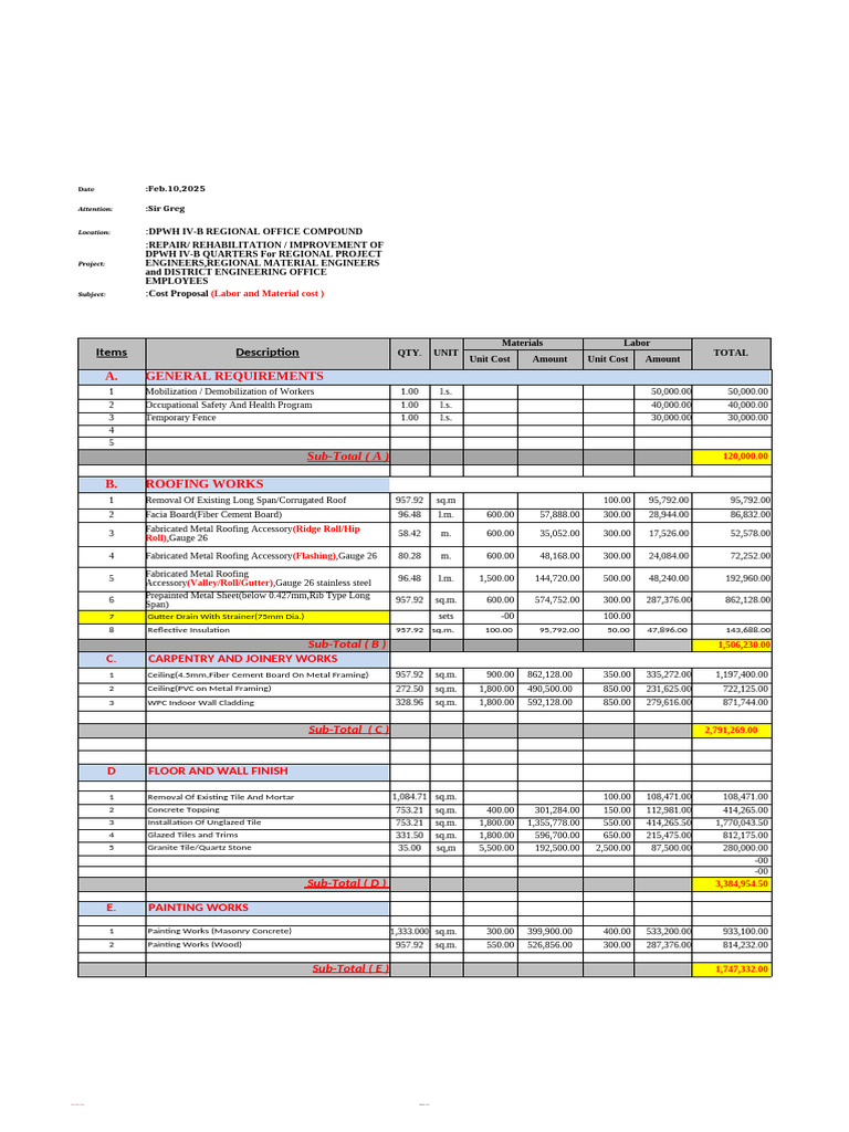 QUARTERS Labor and Material Cost - XLSX 002 | PDF | Tile | Wall