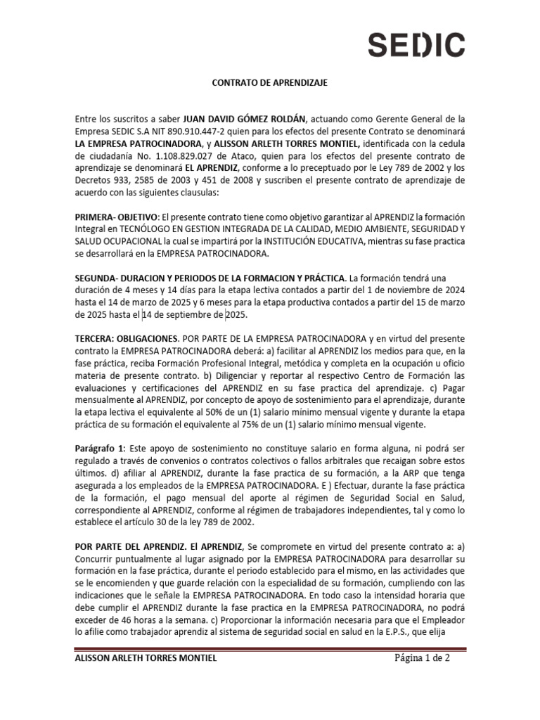 Alisson Torres Contrato Aprendizaje | PDF | Salario mínimo | Salario