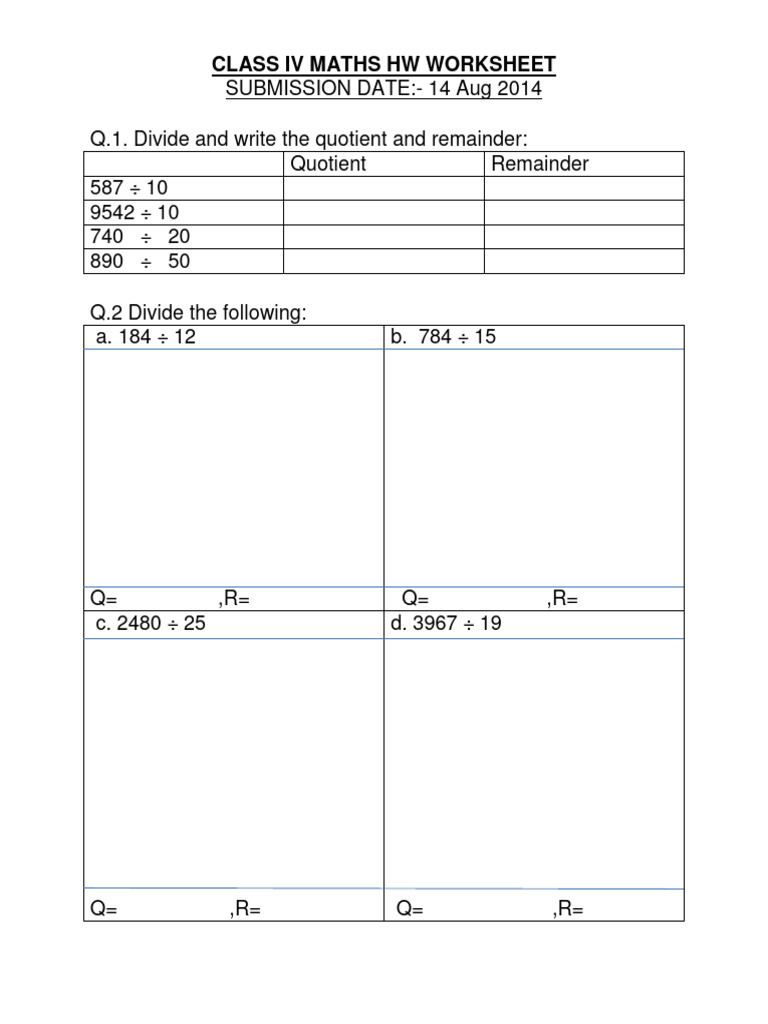 Class 4 Maths Division Worksheet | PDF