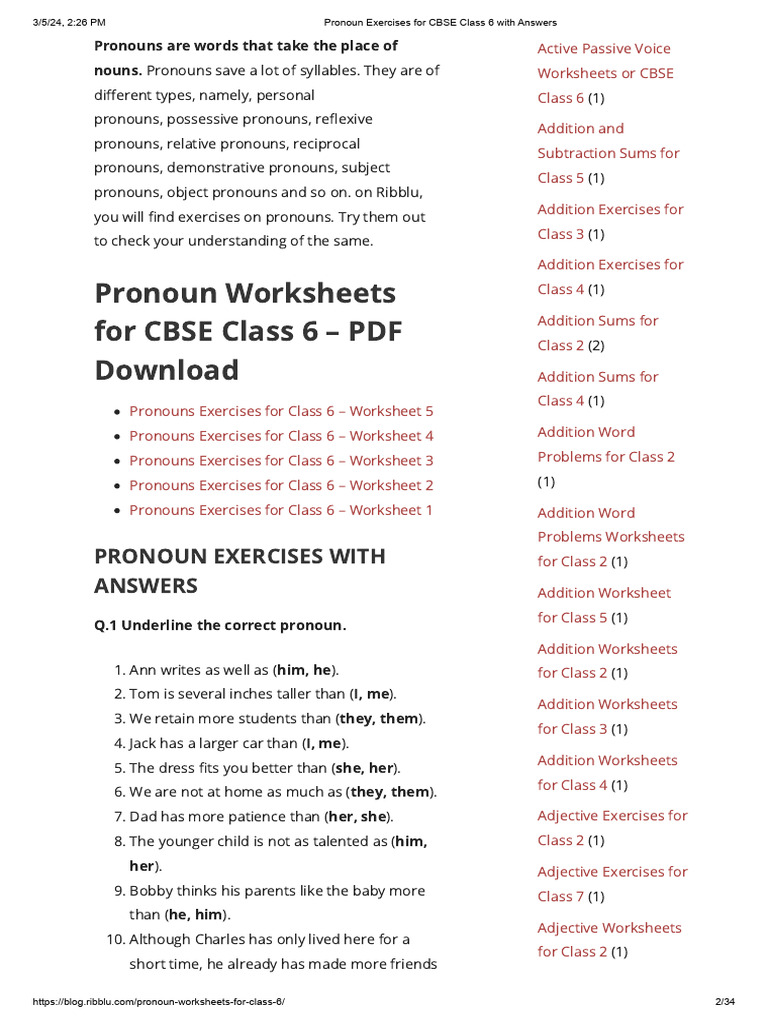 Pronoun Exercises For CBSE Class 6 With Answers | PDF | Pronoun | Syntactic Relationships