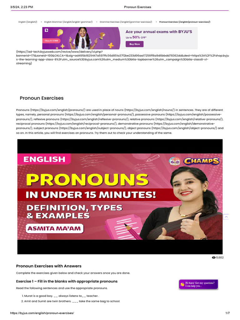 Pronoun Exercises | PDF | Pronoun | English Language