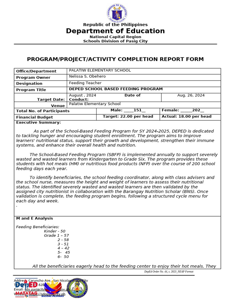 DepED Feeding PROJECT-COMPLETION-REPORT-FORM-DM-44 | PDF