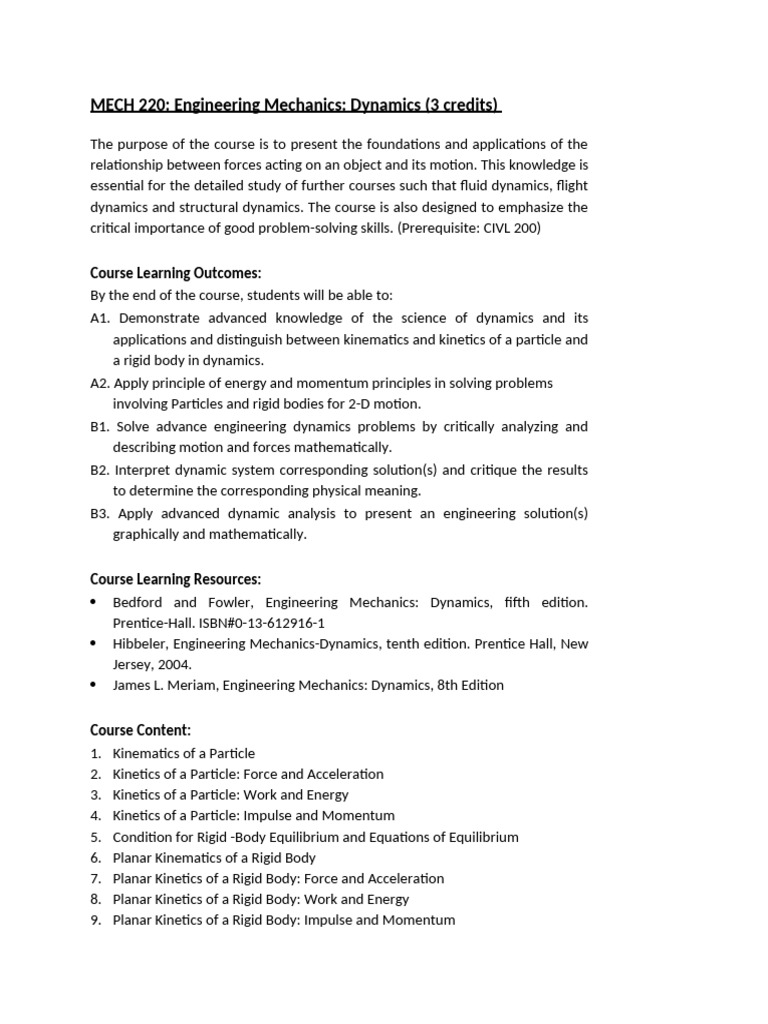 MECH-220-Engineering-Mechanics-Dynamics-Description | PDF