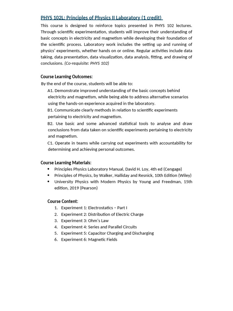 PHYS 102L Principles of Physics II Laboratory | PDF