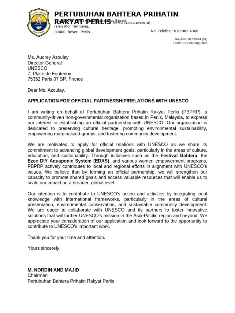 Cover Letter Admission of NGOs To Official Partnership With UNESCO | PDF