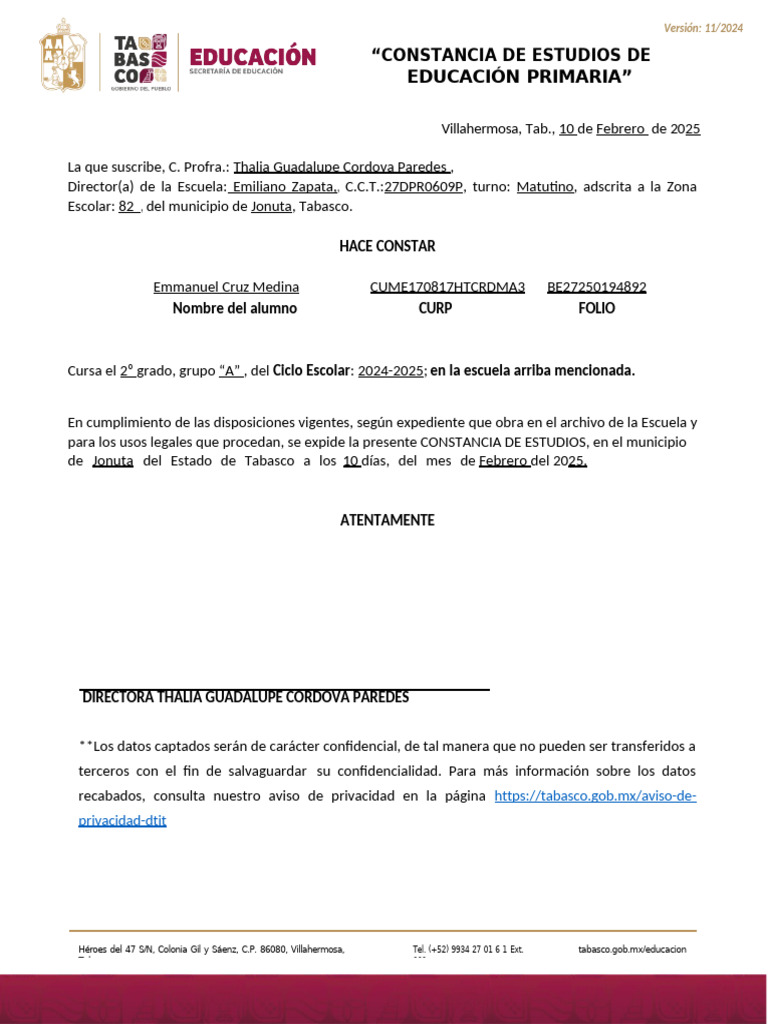 Modelo De Constancia De Estudios Primaria