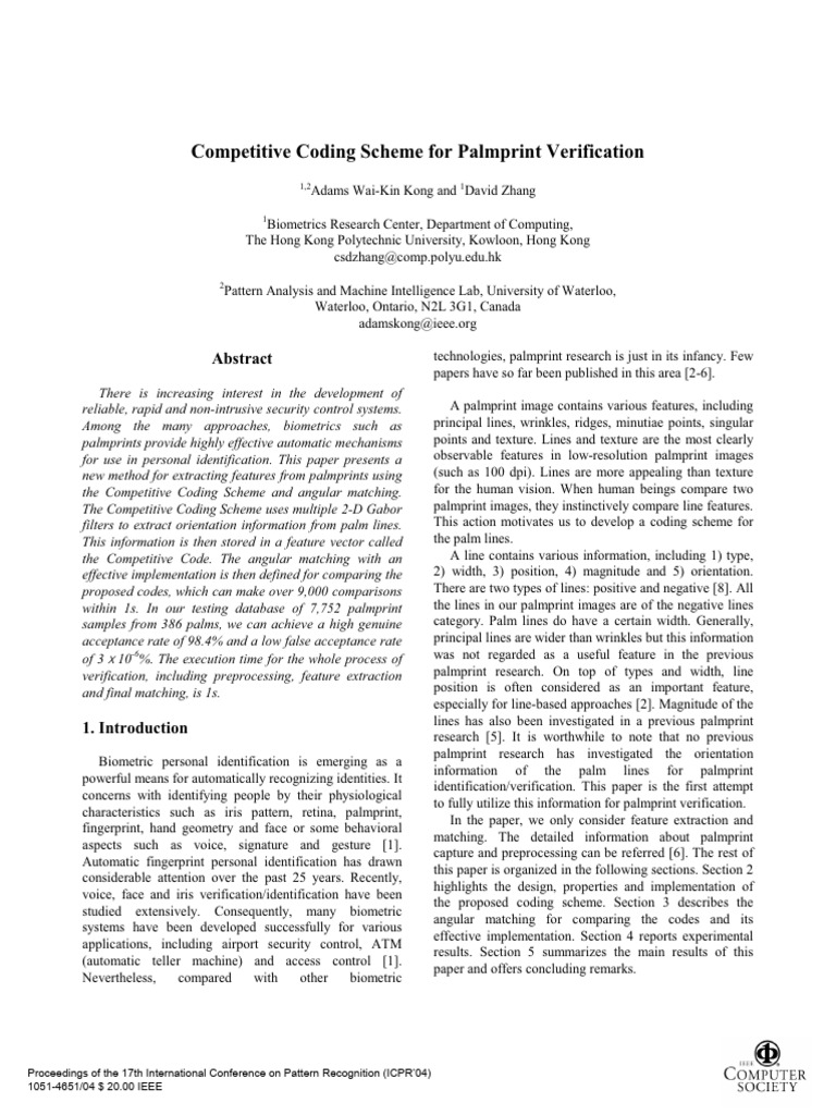 CompCode - Competitive Coding Scheme For Palmprint Verification | PDF | Fingerprint | Receiver ...