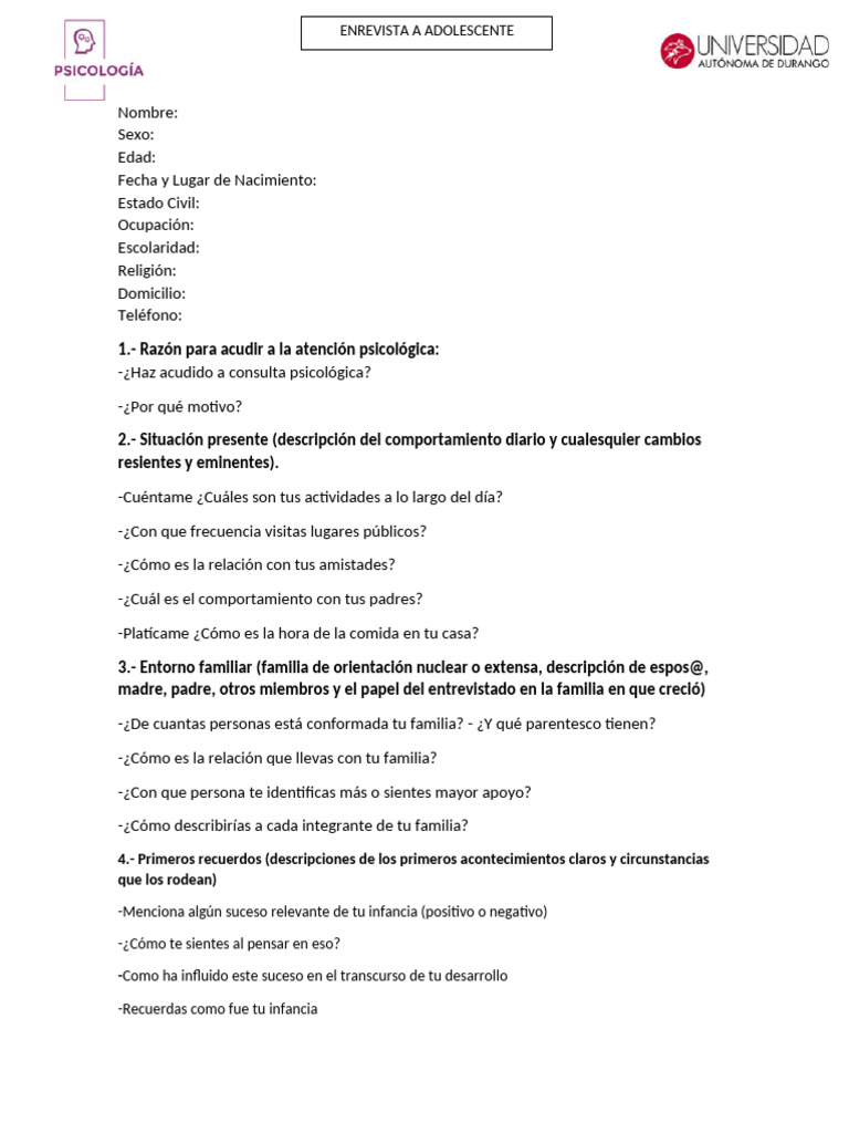 Entrevista Psicológica a Adolescentes | PDF | Comportamiento ...