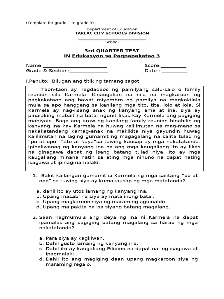 GRADE 3 GMRC ASSESSMENT - Q3 - FINAL - LINDSEY CATACUTANfdsgs | PDF