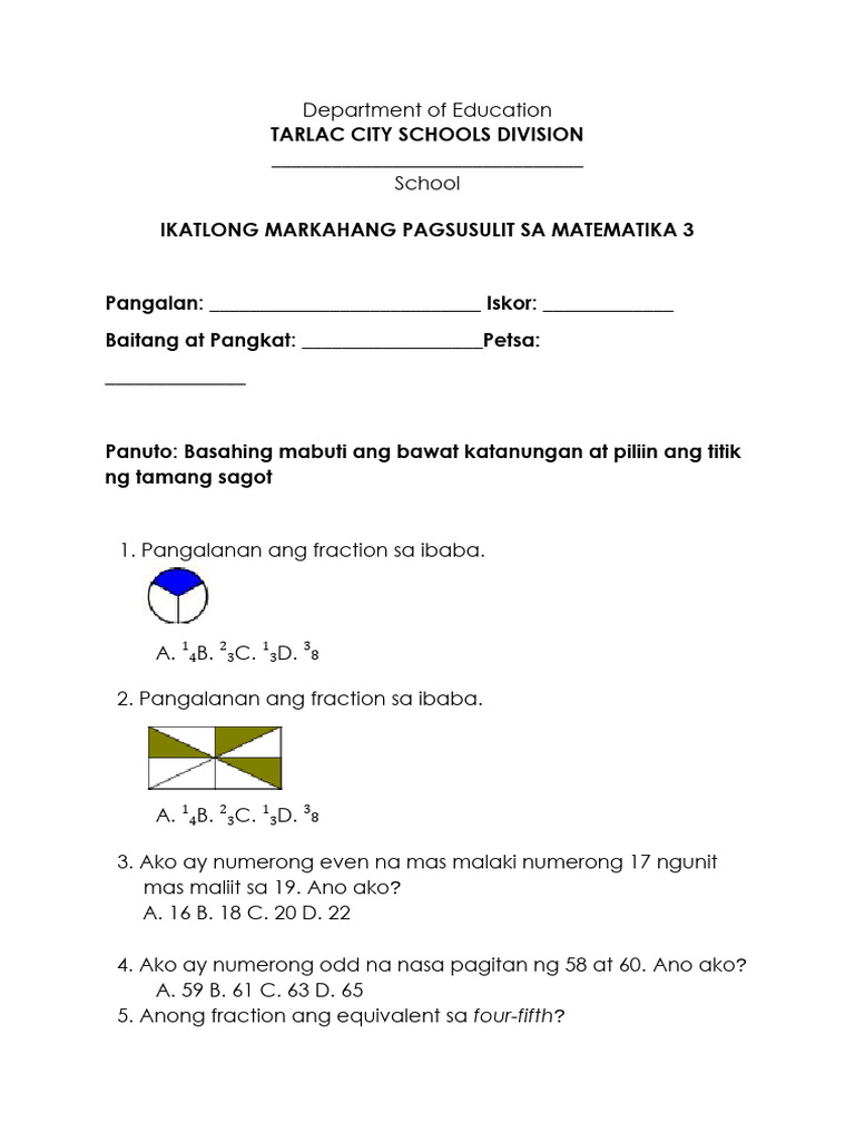 Math3 Test Q3 Tagalog | PDF