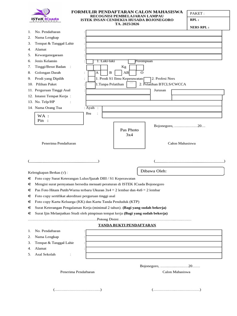Formulir Pendaftaran Alih Jenjang Istek | PDF