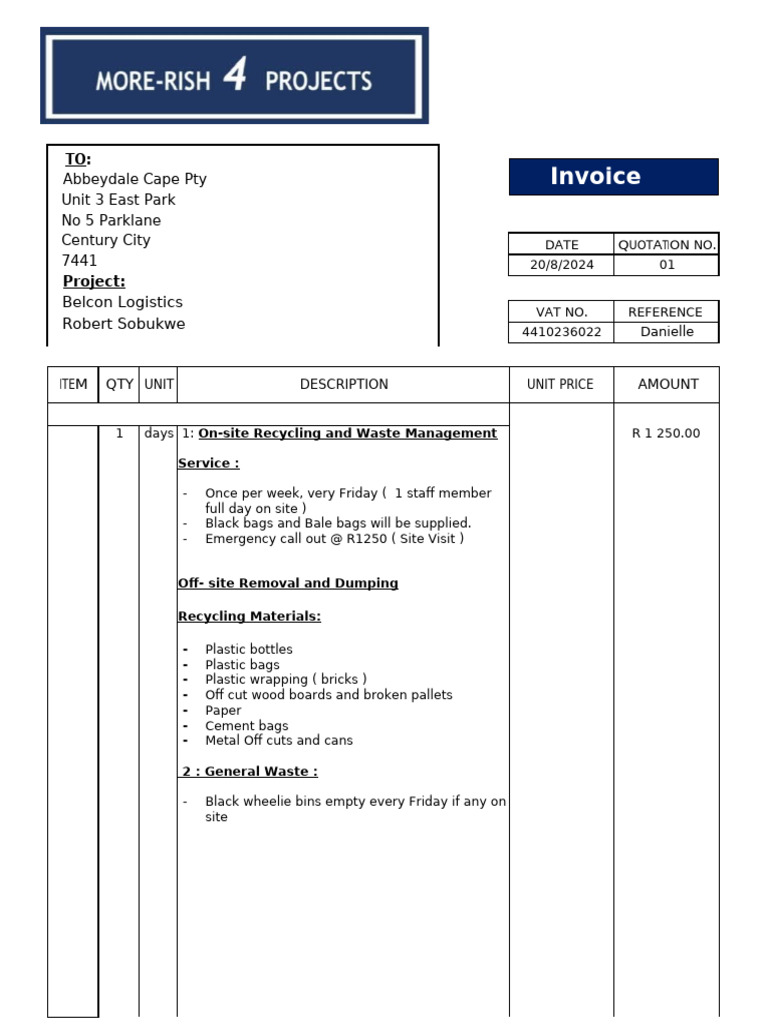 Abbeydale Cape Waste Management Invoice 1 | PDF
