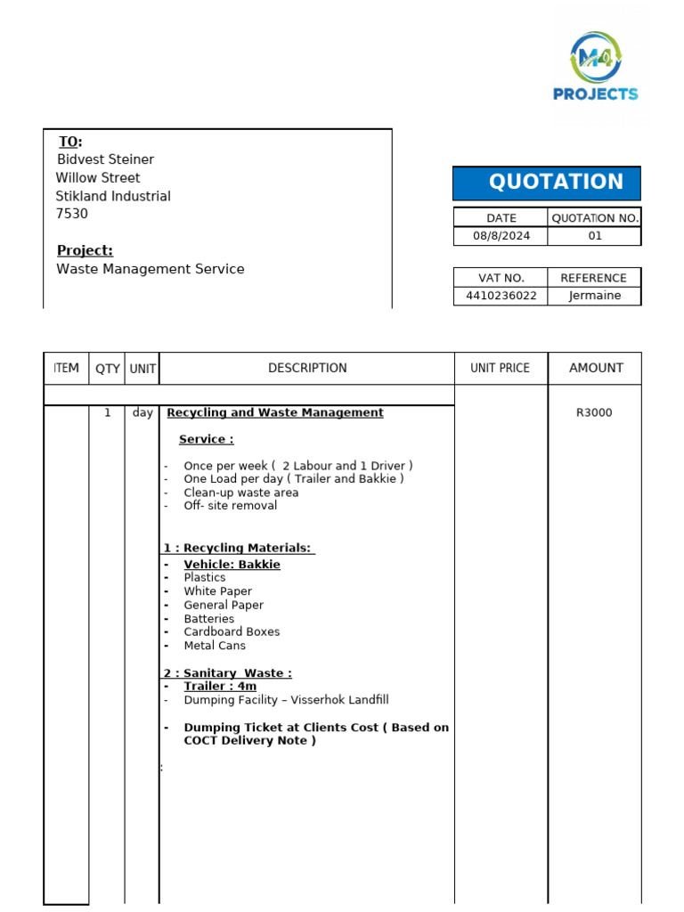 Bidvest Steiner Quotation | PDF