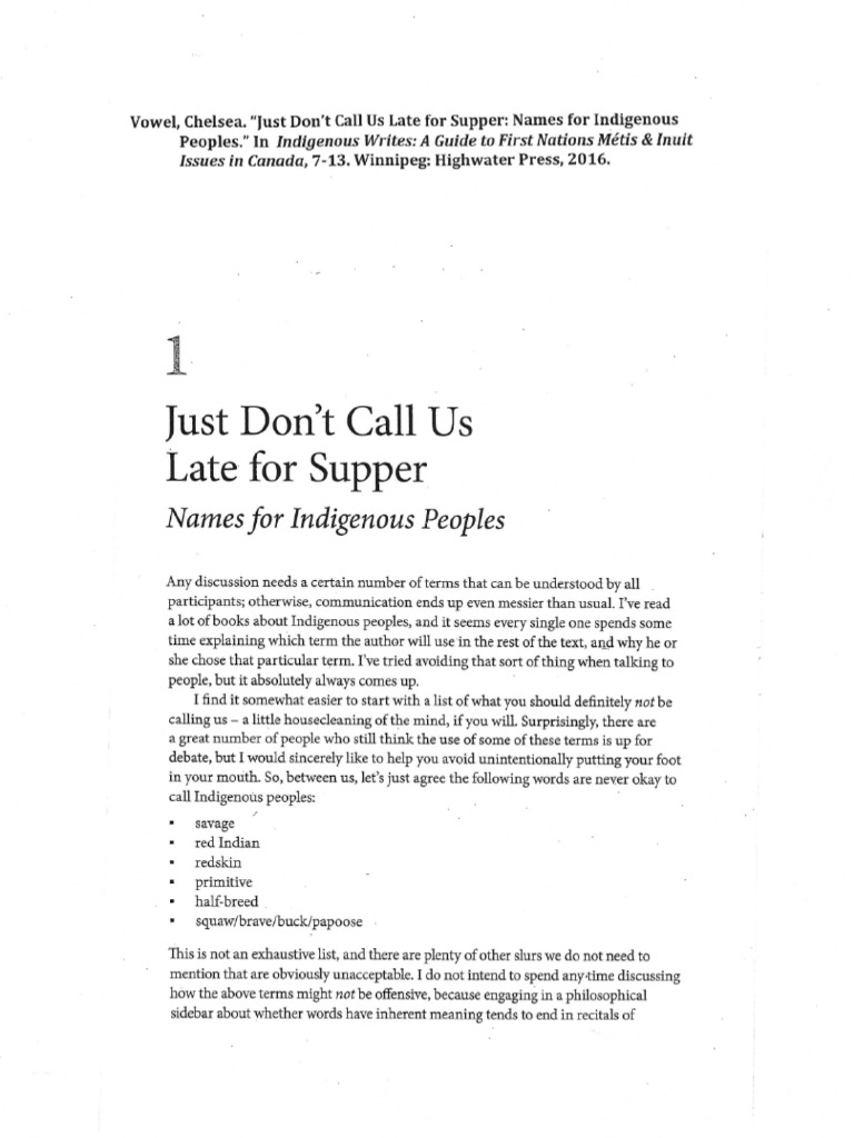 Week 2 - Chelsea Vowel, - Just Don't Call Us Late For Supper. - HIST ...