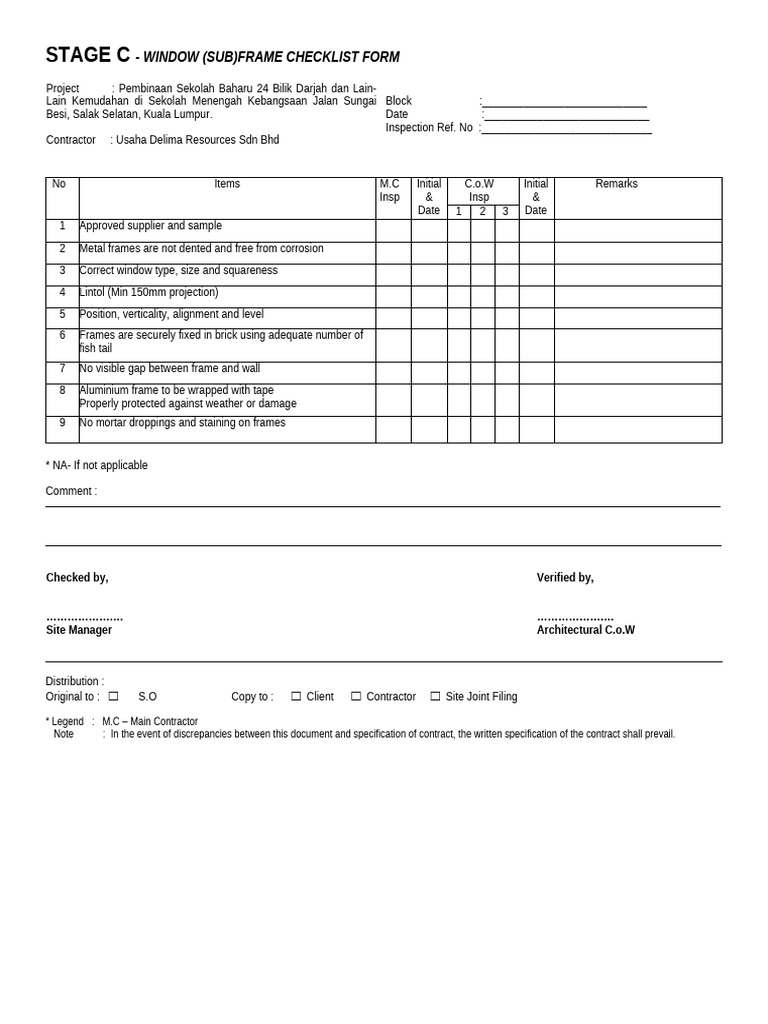 Stage C - Window (Sub) Frame Inspection Form | PDF