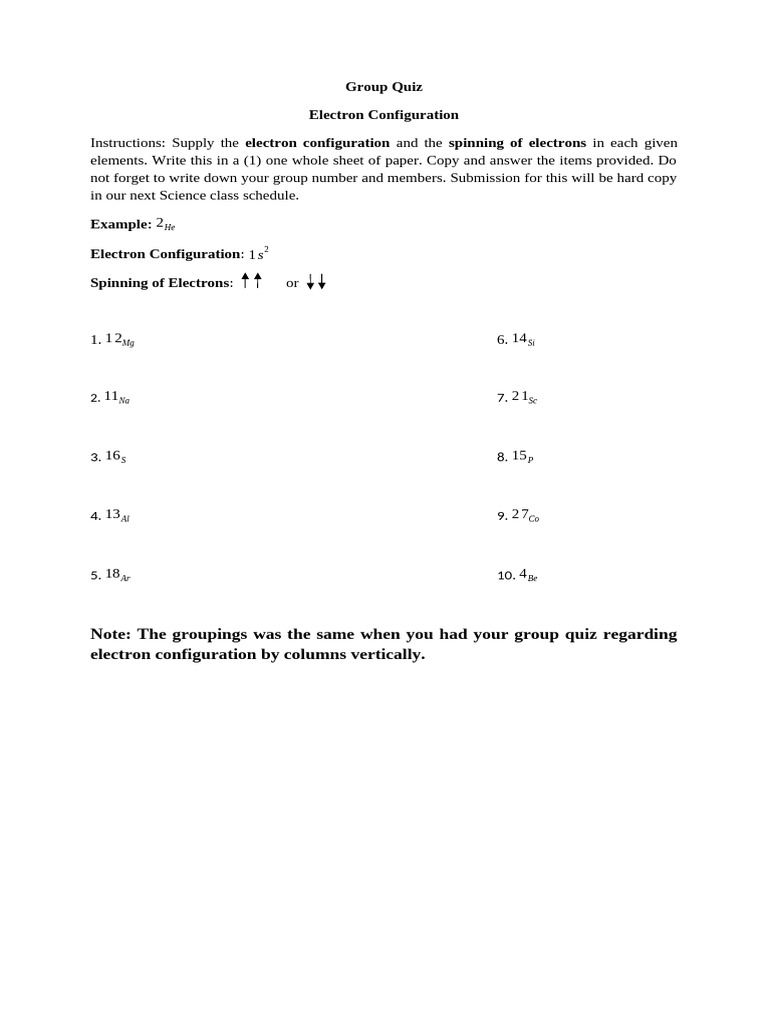 Electron Configuration Group Quiz | PDF