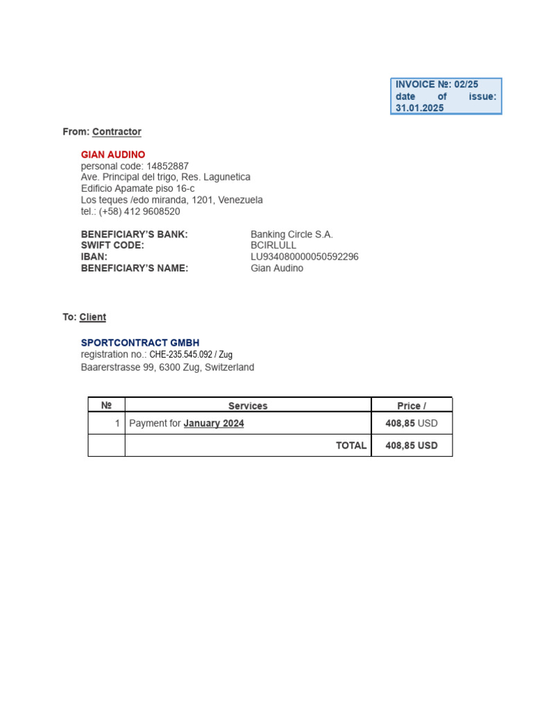 2025 Invoice January Gian Audino | PDF