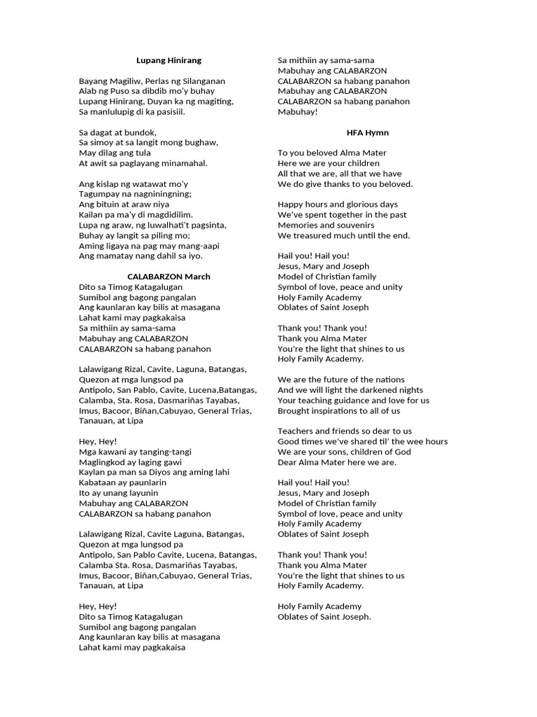 Lupang Hinirang, HFA Hymm, CALABARZON Hymm | PDF