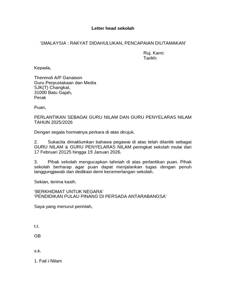 Contoh Surat Lantikan I NILAM | PDF