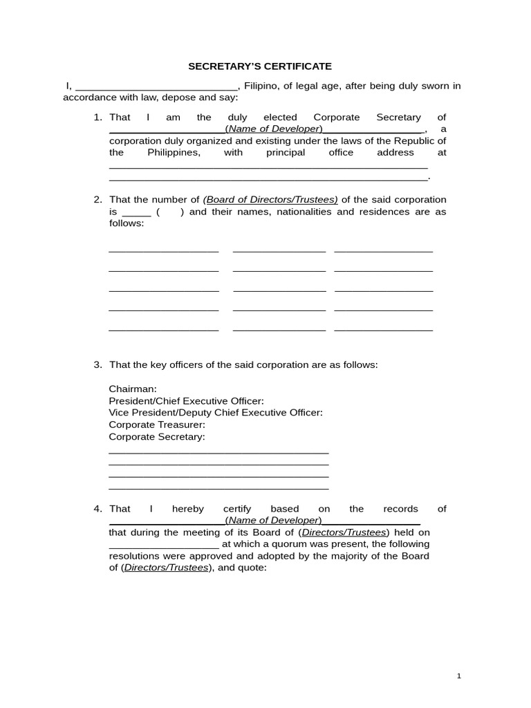 Secretary's Certificate (Template) | PDF | Common Law | Private Law