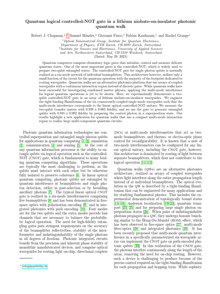 Quantum Logical controlled-NOT Gate in A Lithium Niobate-On-Insulator Photonic Quantum Walk ...