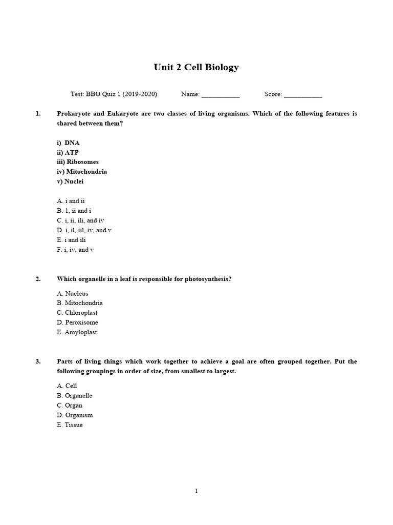 Cell Biology Quiz: Prokaryotes vs. Eukaryotes | PDF | Cell (Biology ...