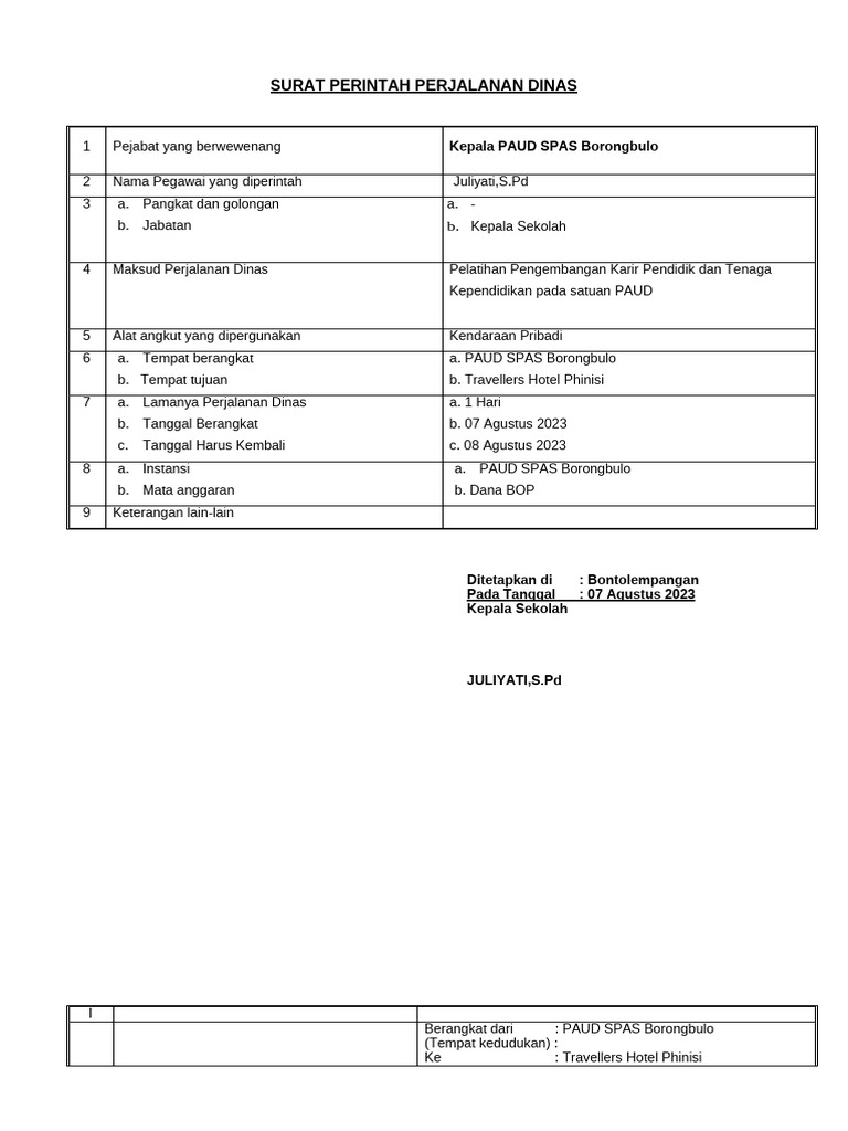 Format SPPD Surat Perintah Perjalanan Dinas Sekolah | PDF